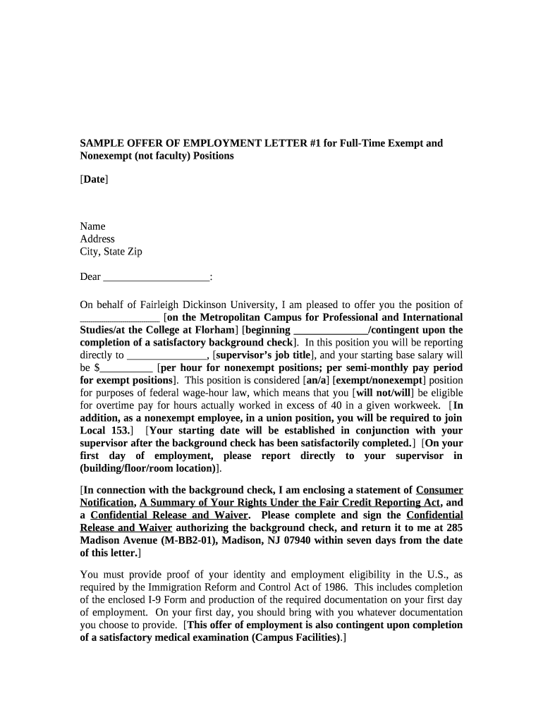 SAMPLE OFFER OF EMPLOYMENT LETTER #1 for Full-Time Exempt and Nonexempt ...
