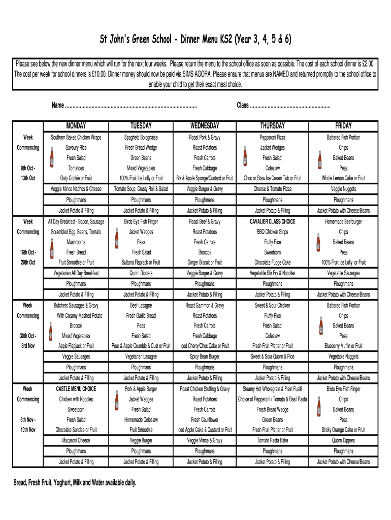 Fillable Online St John's Green School - Dinner Menu KS2 (Year 3, 4, 5 ...