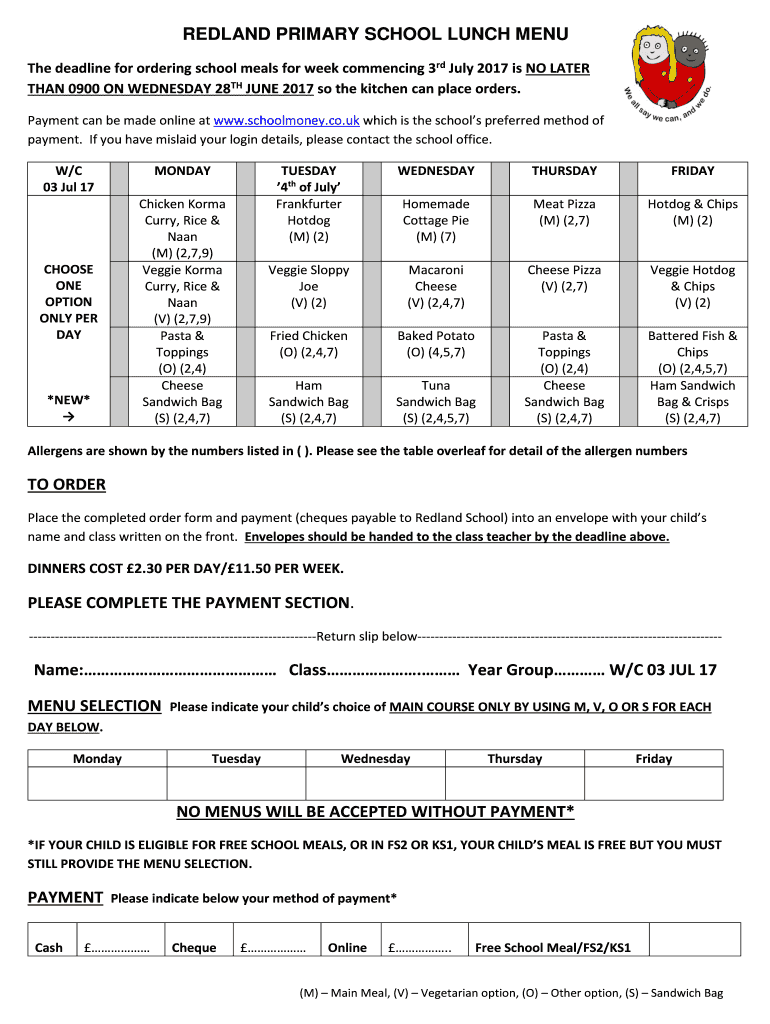Fillable Online REDLAND PRIMARY SCHOOL LUNCH MENU Fax Email Print - pdfFiller