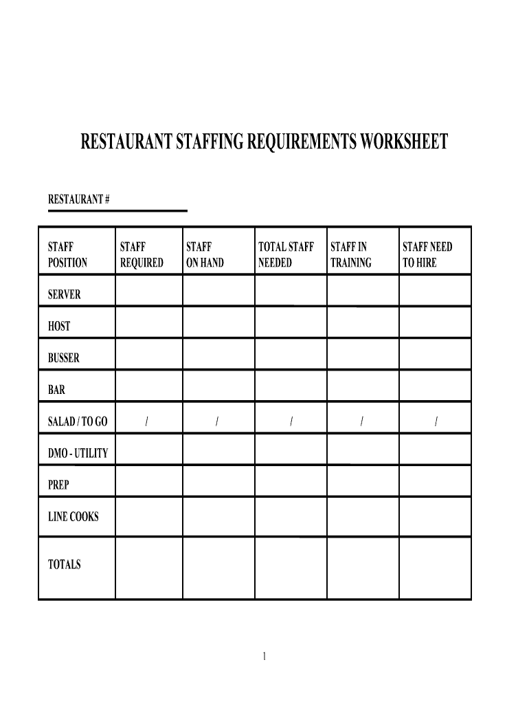Fillable Online RESTAURANT STAFFING REQUIREMENTS WORKSHEET Fax Email ...