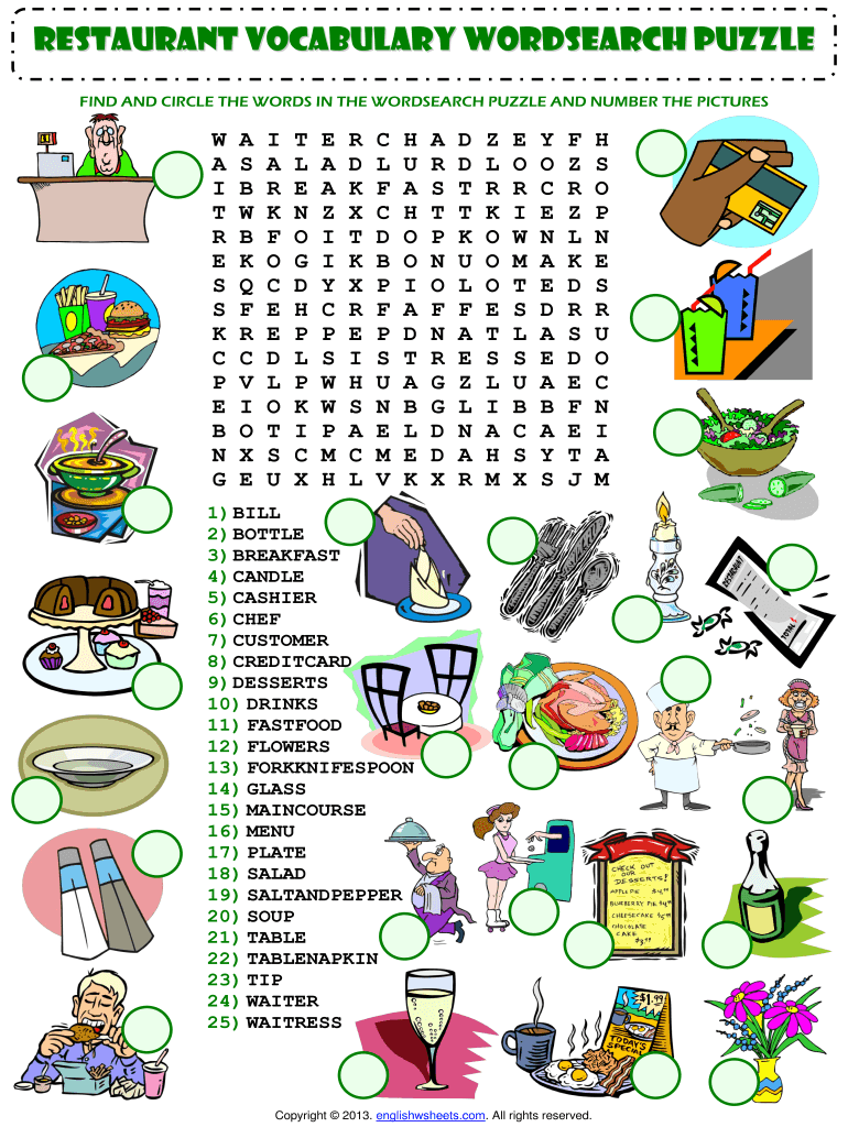 Fillable Online restaurant vocabulary WORDSEARCH PUZZLE Fax Email Print ...