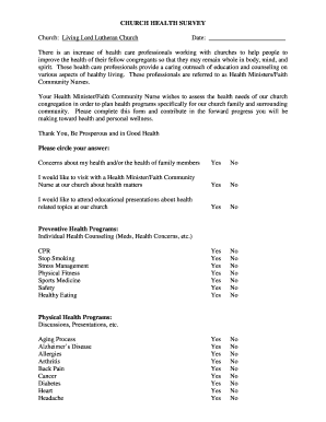 Fillable Online CHURCH HEALTH SURVEY Fax Email Print - pdfFiller