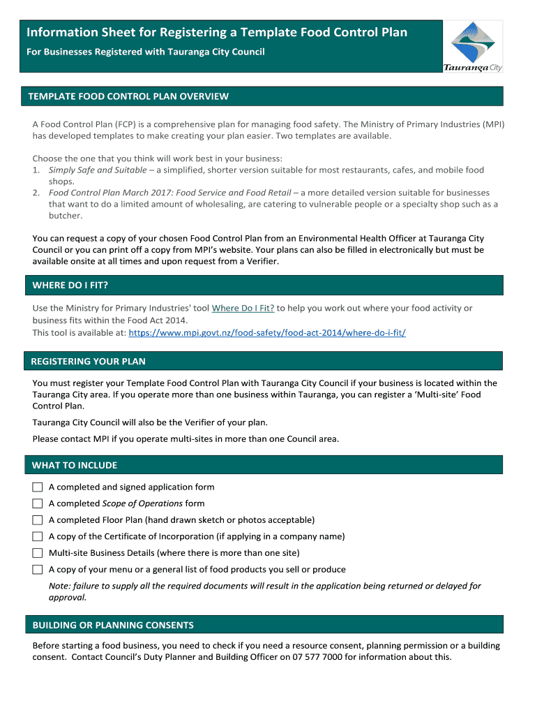 Fillable Online Information Sheet for Registering a Template Food ...