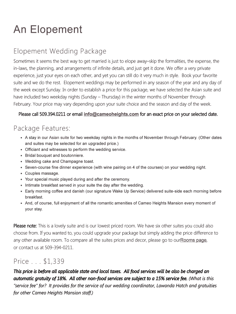 Fillable Online Elopement Wedding Package Fax Email Print - pdfFiller