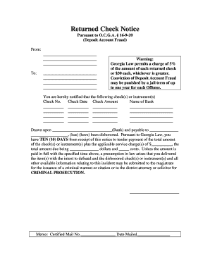 Fillable Online Returned Check Notice Fax Email Print - pdfFiller