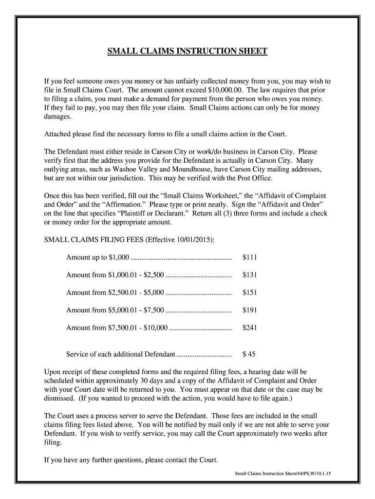 Fillable Online SMALL CLAIMS INSTRUCTION SHEET Fax Email Print - pdfFiller