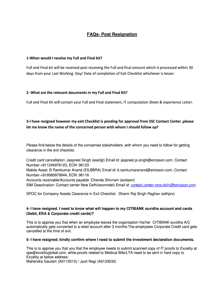 Fillable Online FAQs- Post Resignation Fax Email Print - pdfFiller