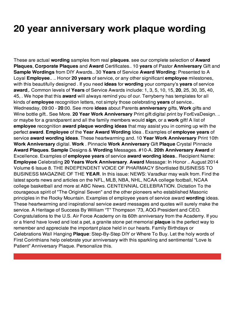 Fillable Online 20 year anniversary work plaque wording Fax Email Print ...