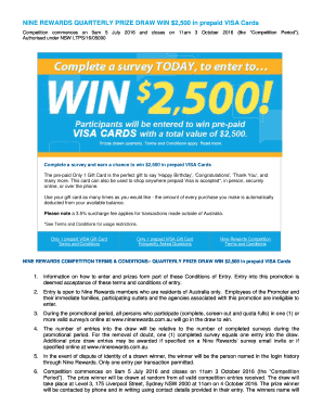 Fillable Online NINE REWARDS QUARTERLY PRIZE DRAW WIN $2,500 in prepaid ...