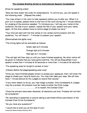 Fillable Online Pre Contest Briefing Script to International Speech ...