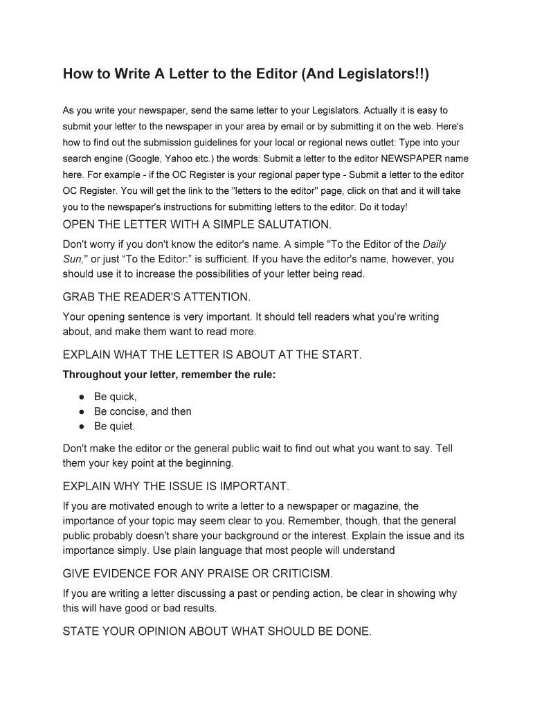 Fillable Online How to Write A Letter to the Editor (And Legislators ...