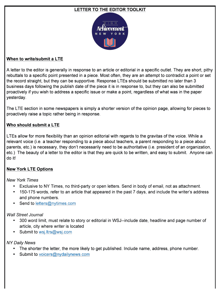 Fillable Online LETTER TO THE EDITOR TOOLKIT Fax Email Print - pdfFiller