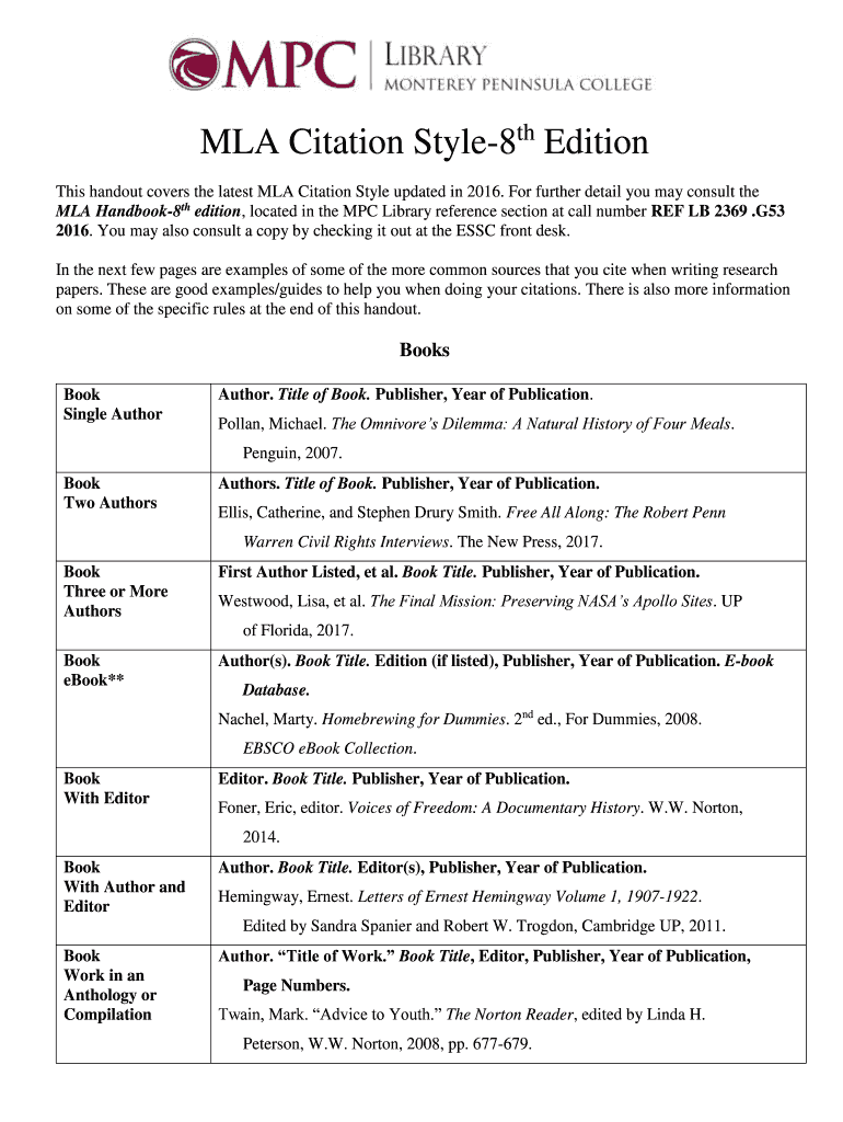 Fillable Online This handout covers the latest MLA Citation Style ...