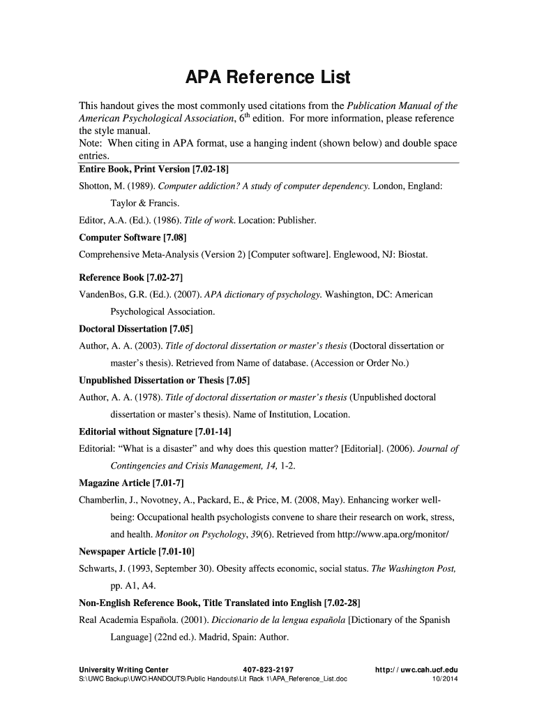 Fillable Online This handout gives the most commonly used citations ...