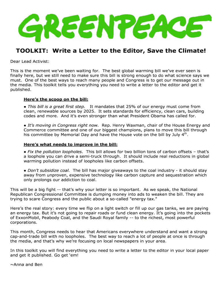 Fillable Online TOOLKIT: Write a Letter to the Editor, Save the Climate ...