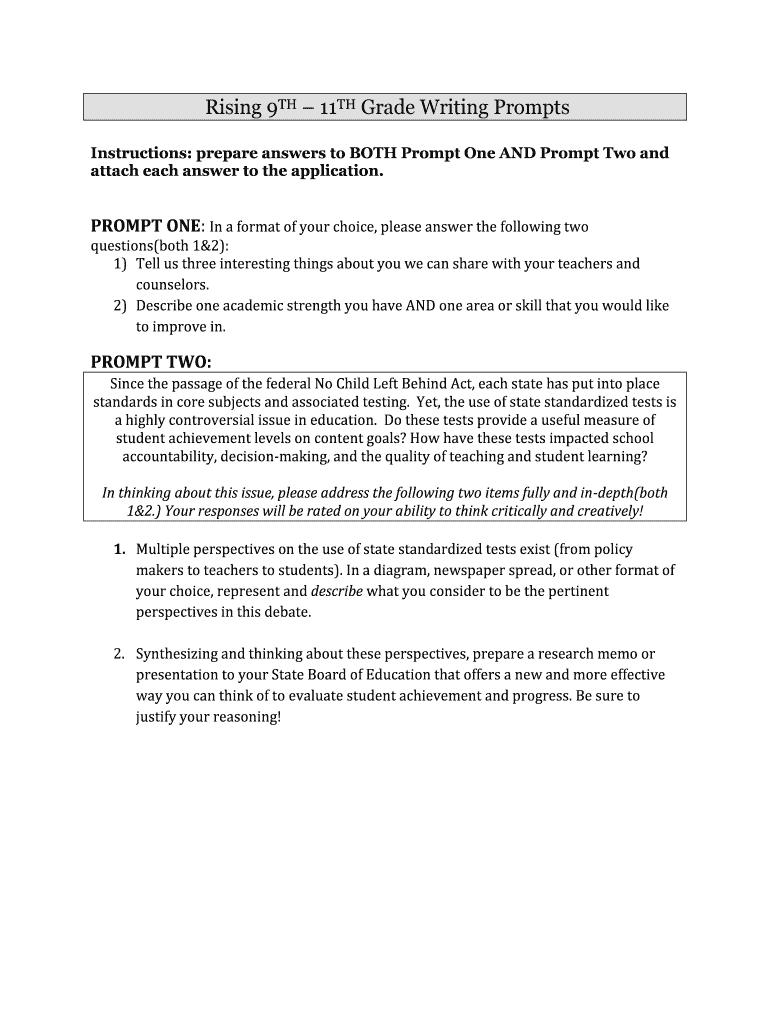 Fillable Online Rising 9TH 11TH Grade Writing Prompts Fax Email Print ...