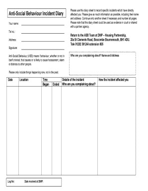 Fillable Online dwphousing co Anti-Social Behaviour Incident Diary Fax ...