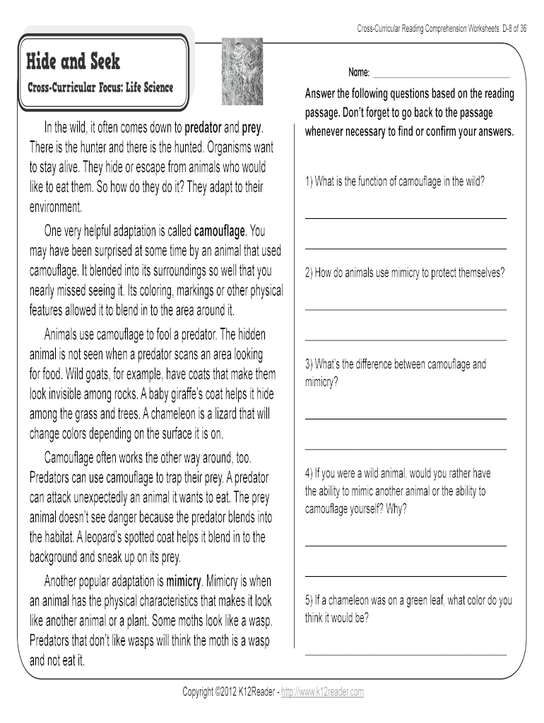 Fillable Online Cross-Curricular Reading Comprehension Worksheets: D-8 ...
