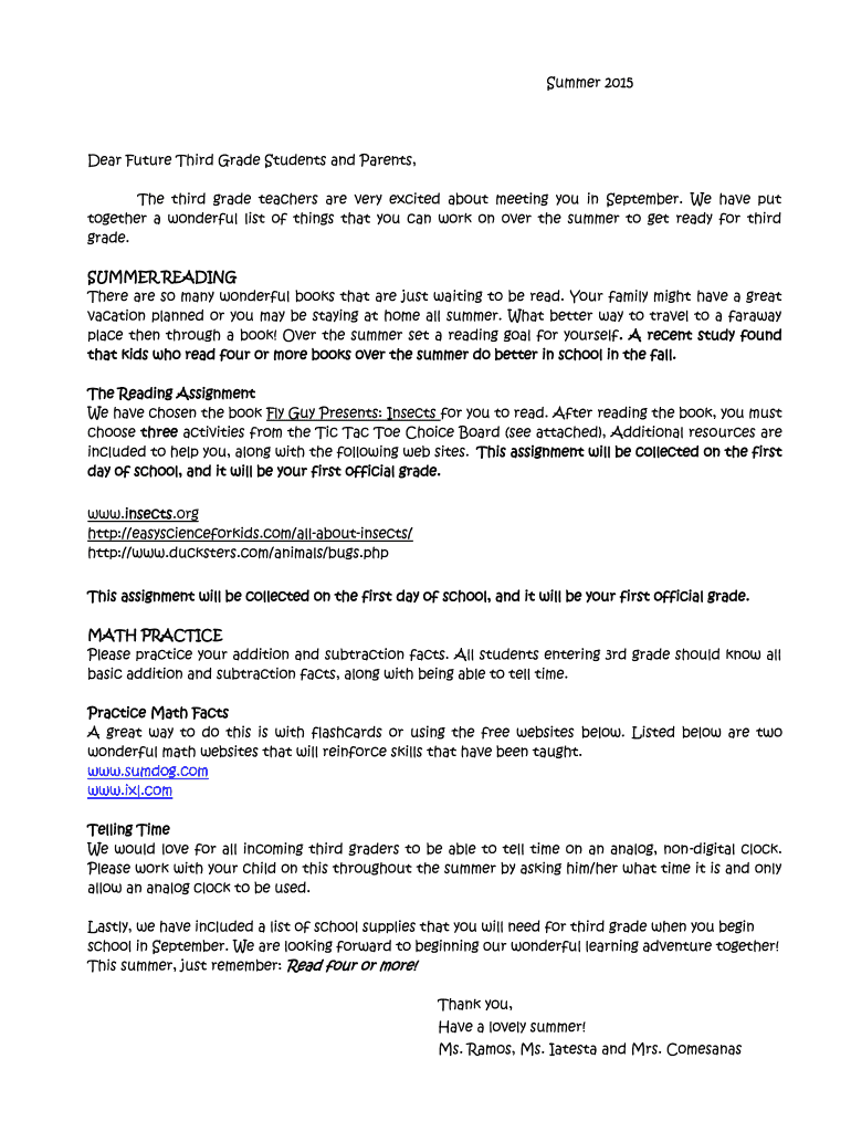 Fillable Online Dear Future Third Grade Students and Parents, Fax Email ...