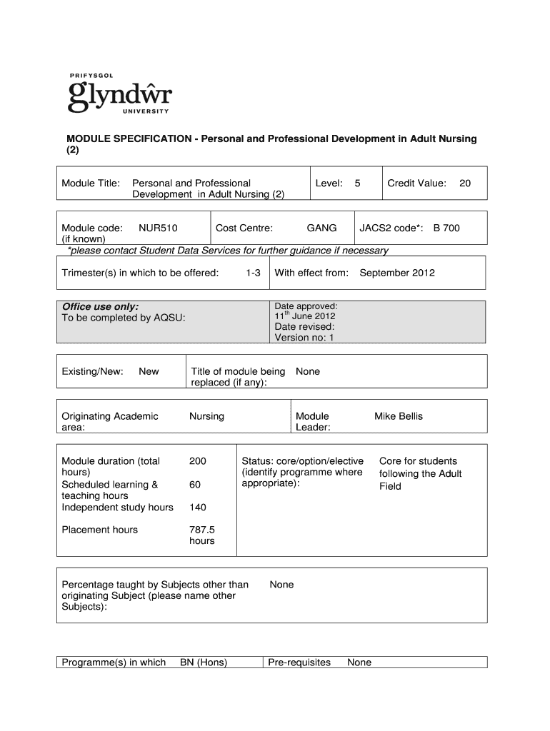 Fillable Online MODULE SPECIFICATION - Personal and Professional Development in Adult Nursing ...