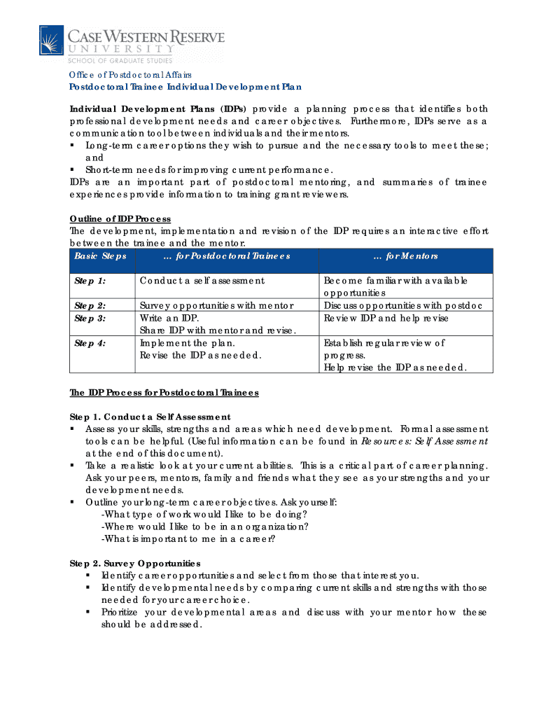 Fillable Online Postdoctoral Trainee Individual Development Plan Fax ...