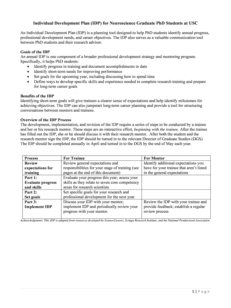 Fillable Online Individual Development Plan (IDP) for Neuroscience ...