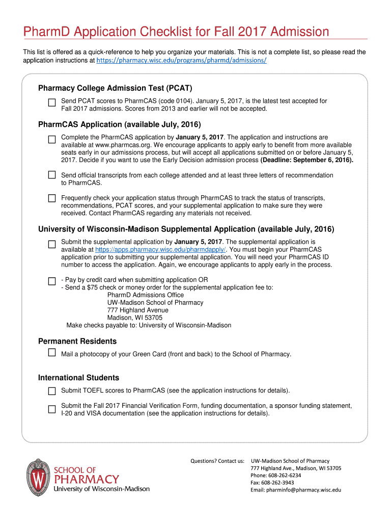 Fillable Online PharmD Application Checklist for Fall 2017 Admission ...