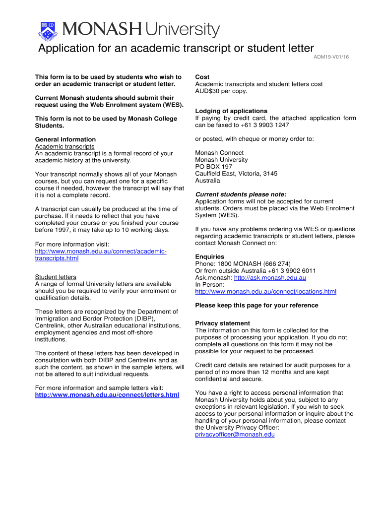 Fillable Online Application for an academic transcript or student ...