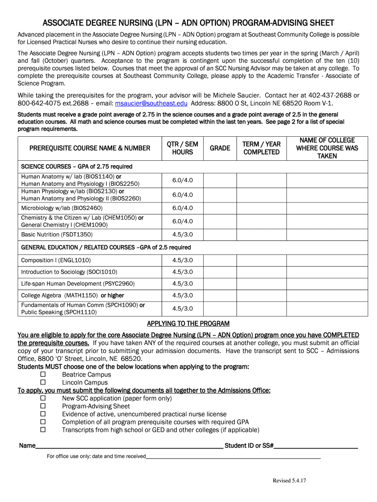 Fillable Online ASSOCIATE DEGREE NURSING (LPN ADN OPTION) PROGRAM ...