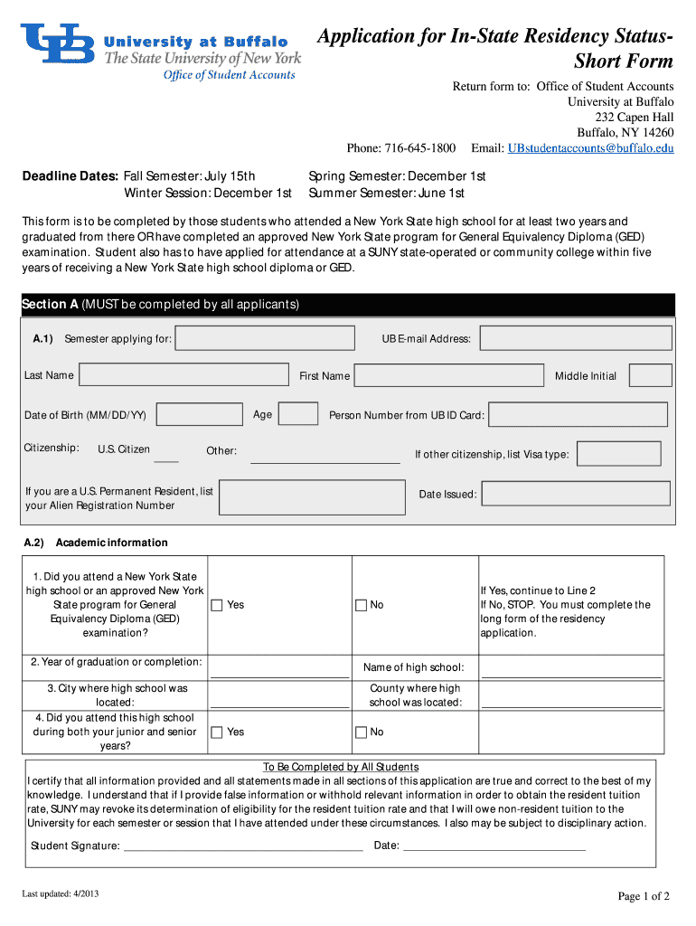 Fillable Online Application for In-State Residency StatusShort Form Fax ...