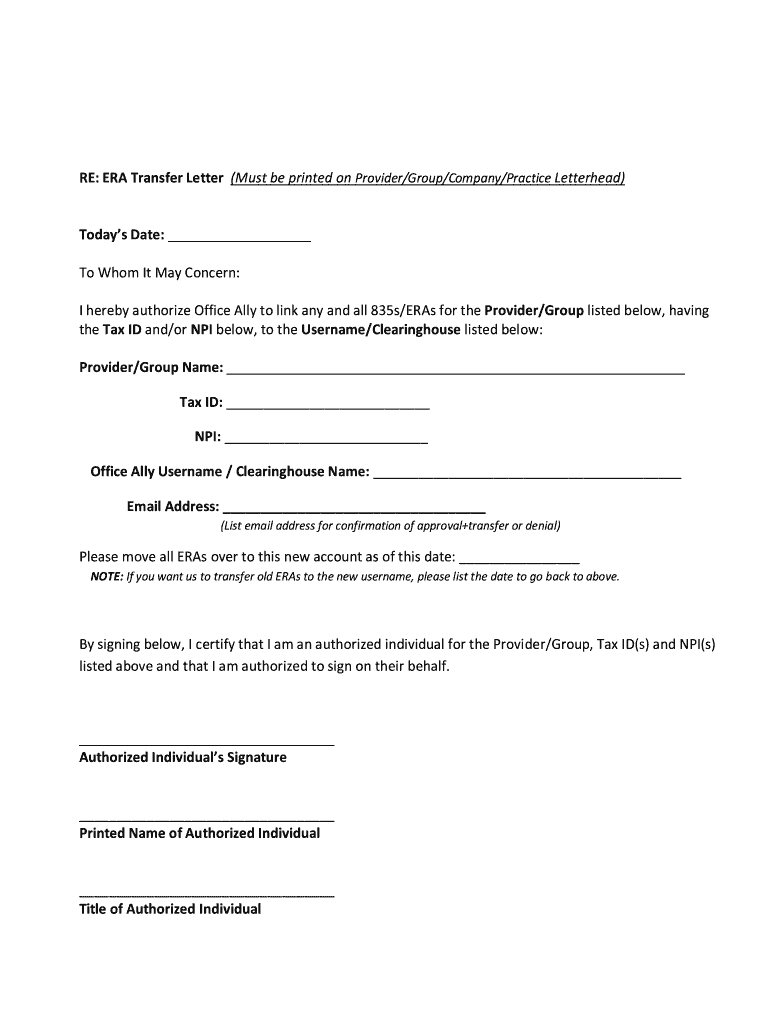 Fillable Online ERA TRANSFER LETTER Fax Email Print - pdfFiller