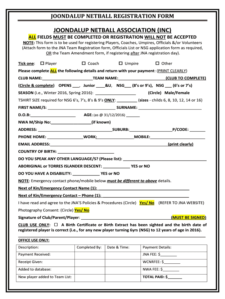 Fillable Online JOONDALUP NETBALL REGISTRATION FORM Fax Email Print ...