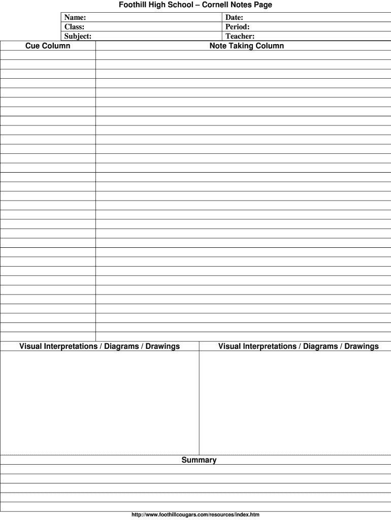 Fillable Online Foothill High SchoolCornell Notes Page Cue Column Note ...