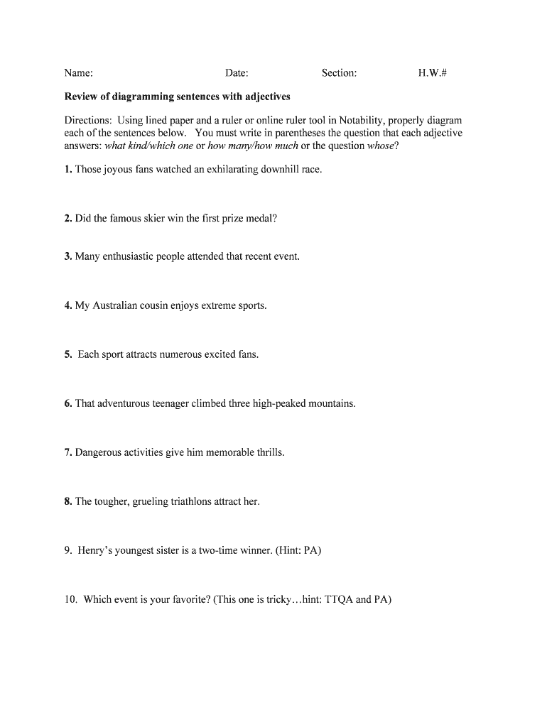 Fillable Online Review of diagramming sentences with adjectives Fax ...