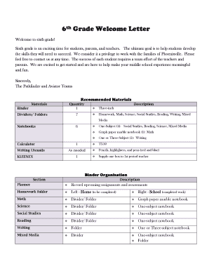 Fillable Online 6th Grade Welcome Letter Fax Email Print - pdfFiller