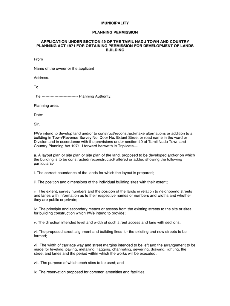 Fillable Online APPLICATION UNDER SECTION 49 OF THE TAMIL NADU TOWN AND ...