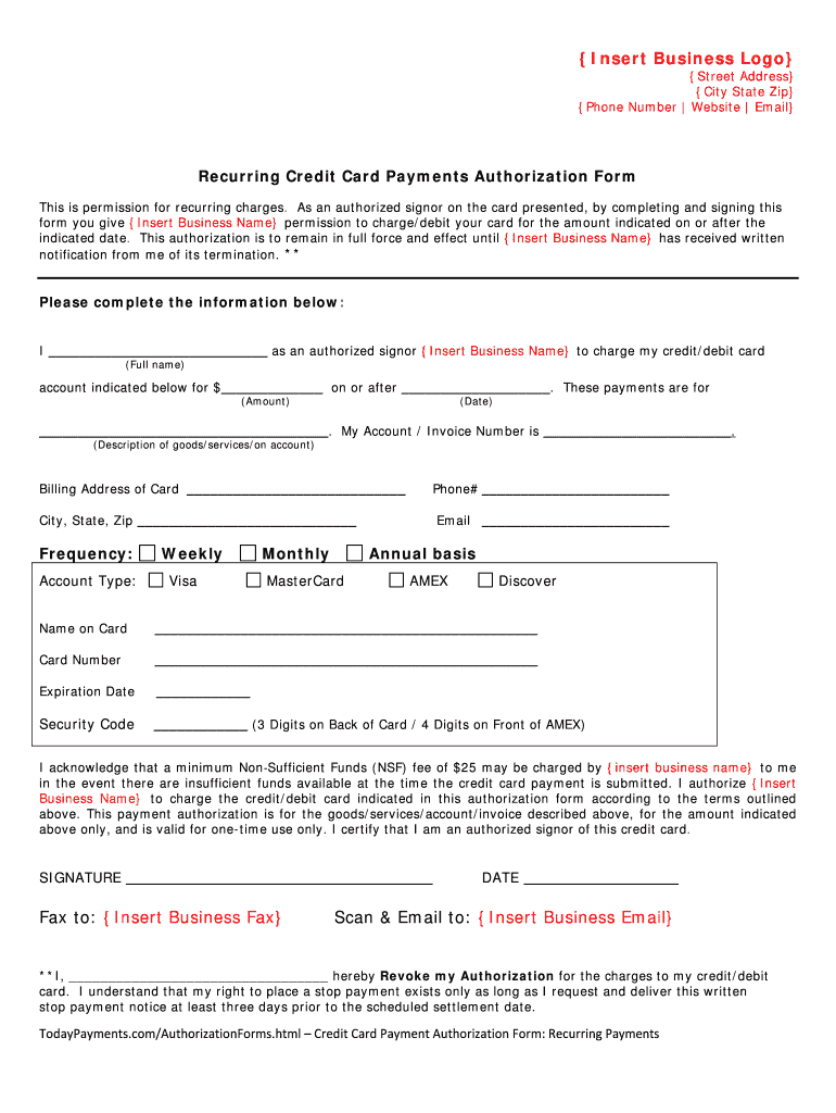 Fillable Online Recurring Credit Card Payments Authorization Form Fax ...