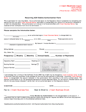 Fillable Online Recurring ACH Debits Authorization Form Fax Email Print - pdfFiller
