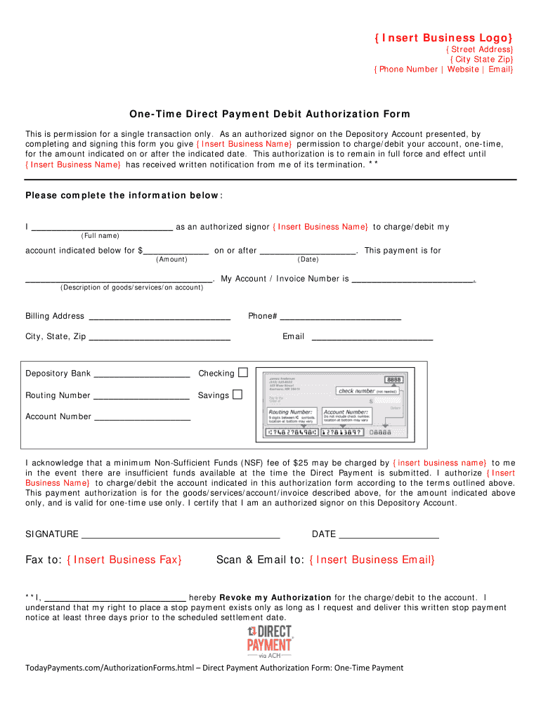 Fillable Online One-Time Direct Payment Debit Authorization Form Fax Email Print - pdfFiller