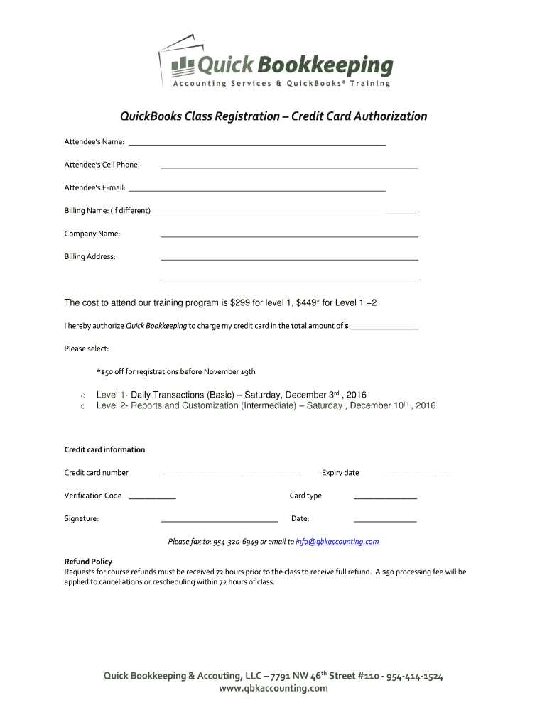 Fillable Online QuickBooks Class Registration Credit Card Authorization ...