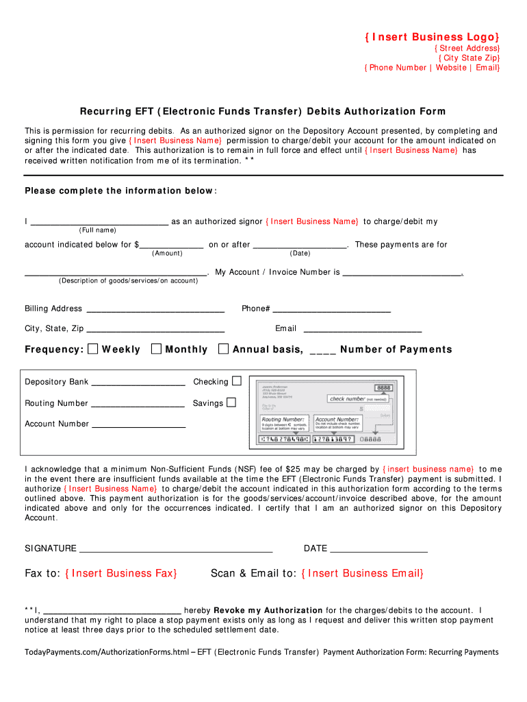 Fillable Online Recurring EFT (Electronic Funds Transfer) Debits ...