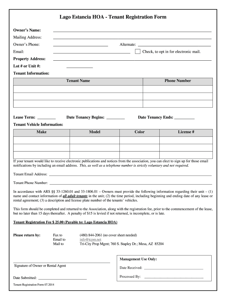 Fillable Online Lago Estancia HOA - Tenant Registration Form Fax Email ...