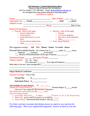 Fillable Online Life InsuranceCustom Quick Quote Sheet Fax Email Print ...