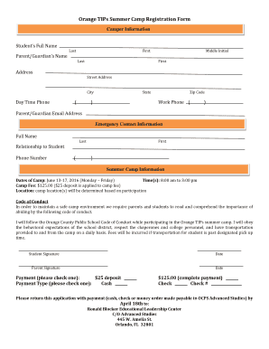 Fillable Online Orange TIPs Summer Camp Registration Form Fax Email ...
