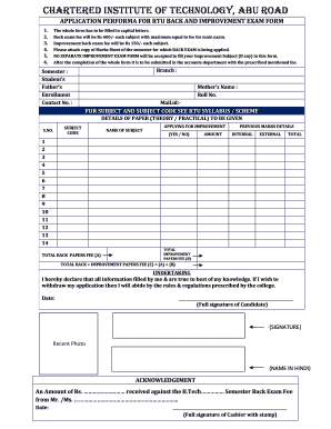 Fillable Online APPLICATION PERFORMA FOR RTU BACK AND IMPROVEMENT EXAM ...
