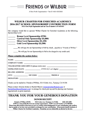 Fillable Online 2016-2017 SCHOOL SPONSORSHIP CONTRIBUTION FORM Fax ...