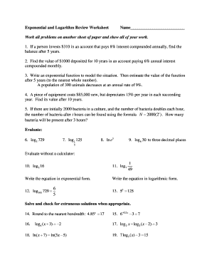 Fillable Online Exponential and Logarithm Review Worksheet Fax Email ...