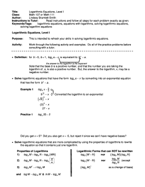 Fillable Online Logarithmic Equations, Level I Fax Email Print - pdfFiller