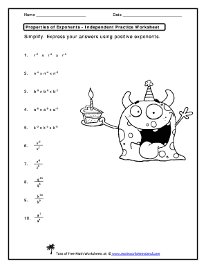 Fillable Online Properties of Exponents - Independent Practice ...