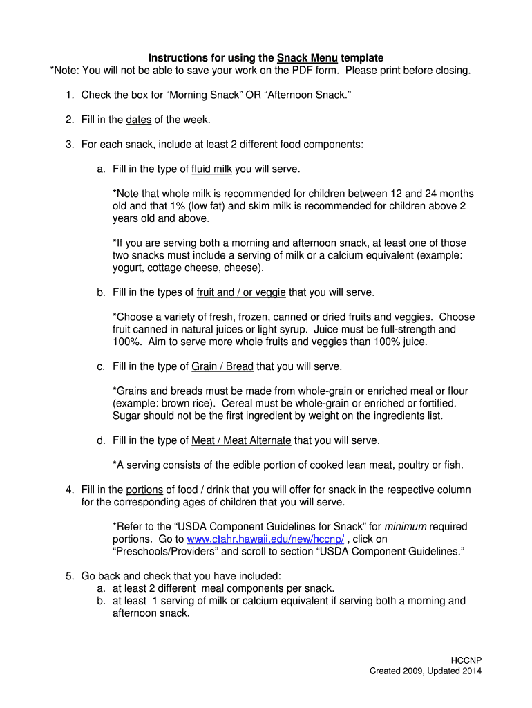 Fillable Online Instructions for using the Snack Menu template Fax ...